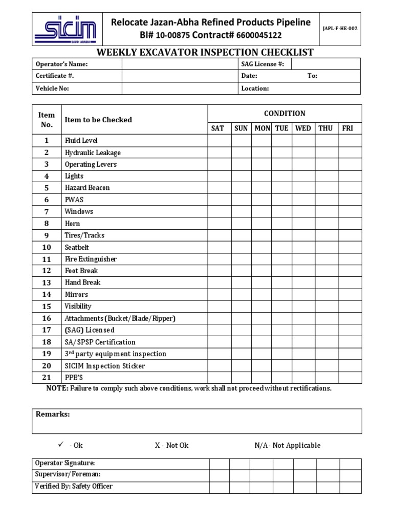 Weekly Excavator Inspection Checklist | PDF