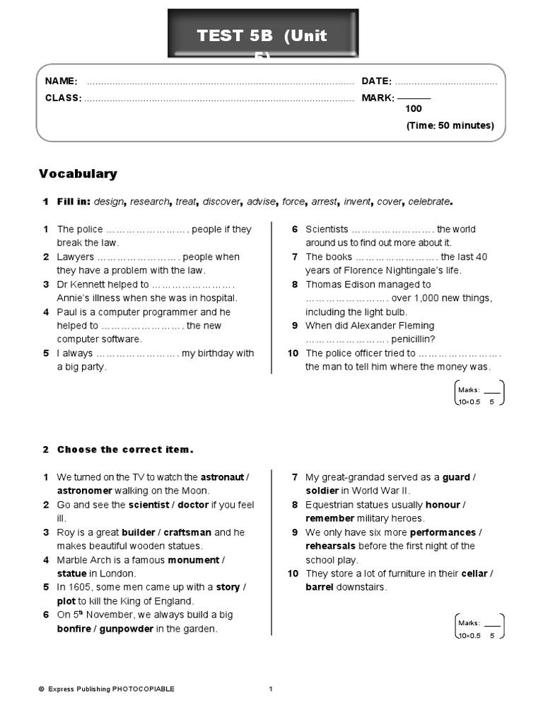 TEST 5B (Unit 5) : Vocabulary | Download Free PDF | The Jungle Book