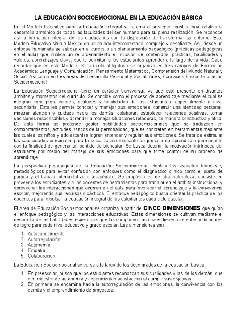 La Educación Socioemocional En La Educación Básica Pdf Las