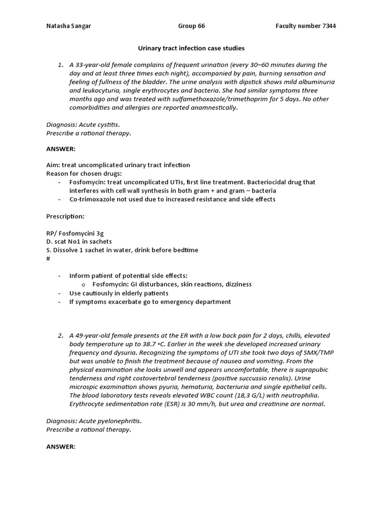 UTI Case Study Answers | PDF | Urinary Tract Infection | Medicine