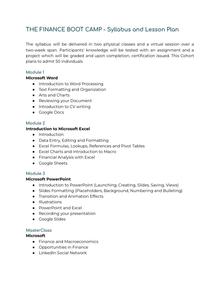 THE FINANCE BOOT CAMP - Syllabus and Lesson Plan: Microsoft Word | PDF ...