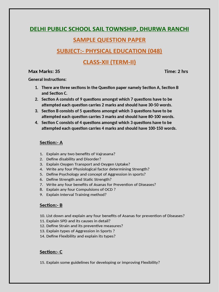 Class 12 Physical Education Sample Paper | PDF