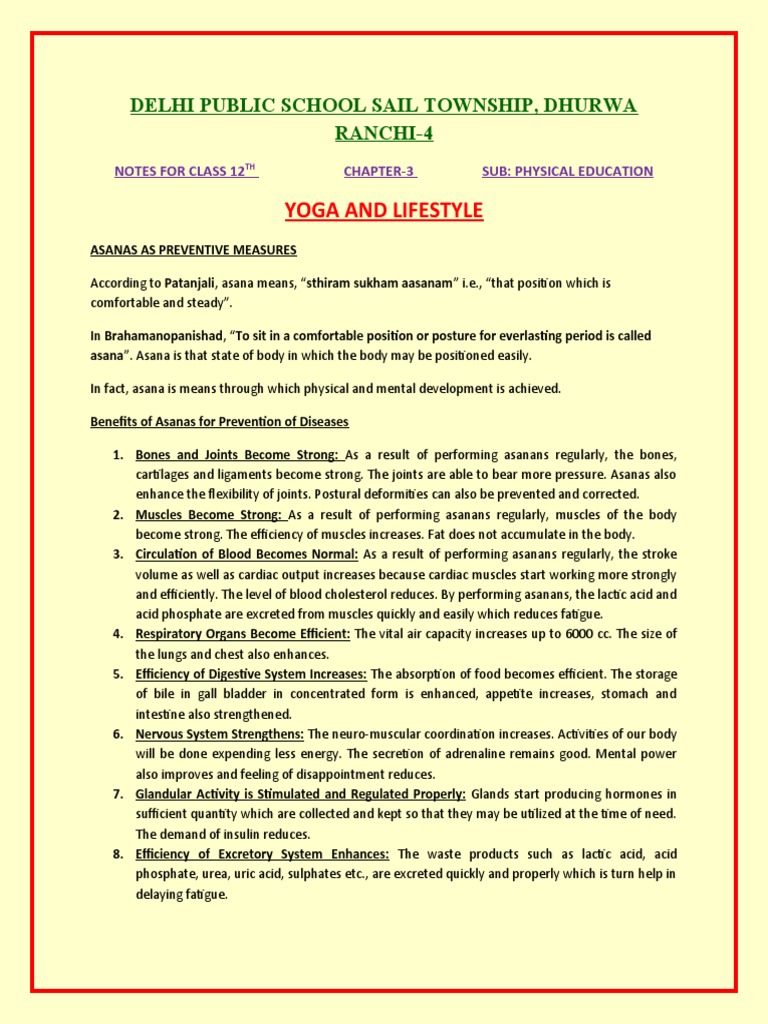 Complete Notes For Class 12 (Yoga and Lifestyle) | PDF | Asana | Diabetes