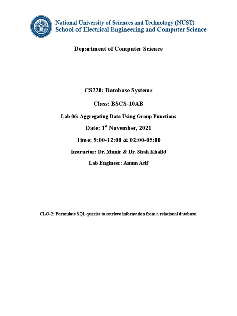 Department of Computer Science: Lab 06: Aggregating Data Using Group Functions | PDF | Databases ...