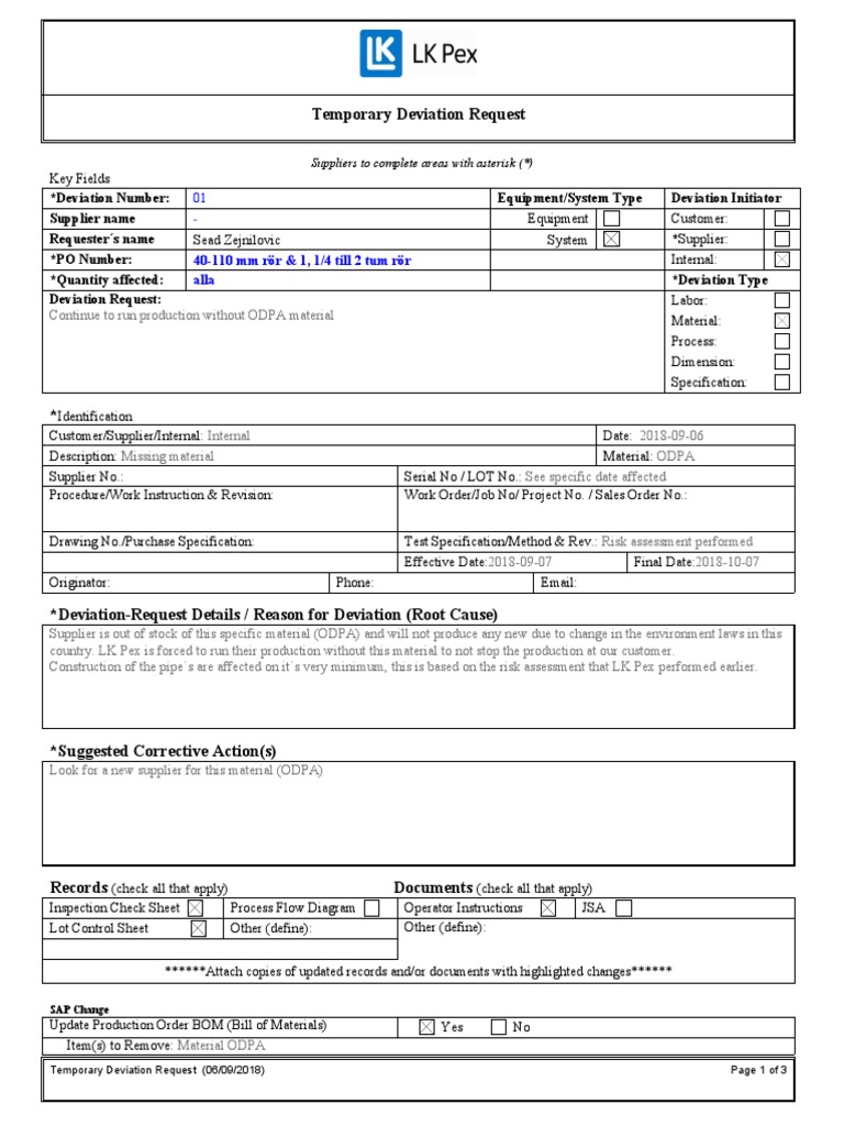 Temporary Deviation Request Form | PDF | Specification (Technical ...