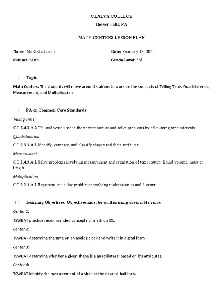 Math Centers Lesson Plan 2-18 | PDF | Differentiated Instruction ...