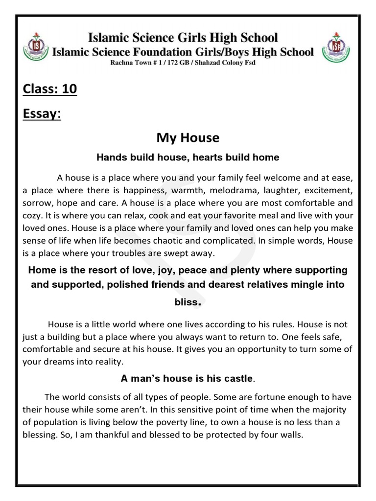 Class: 10 Essay My House: Hands Build House, Hearts Build Home | PDF ...