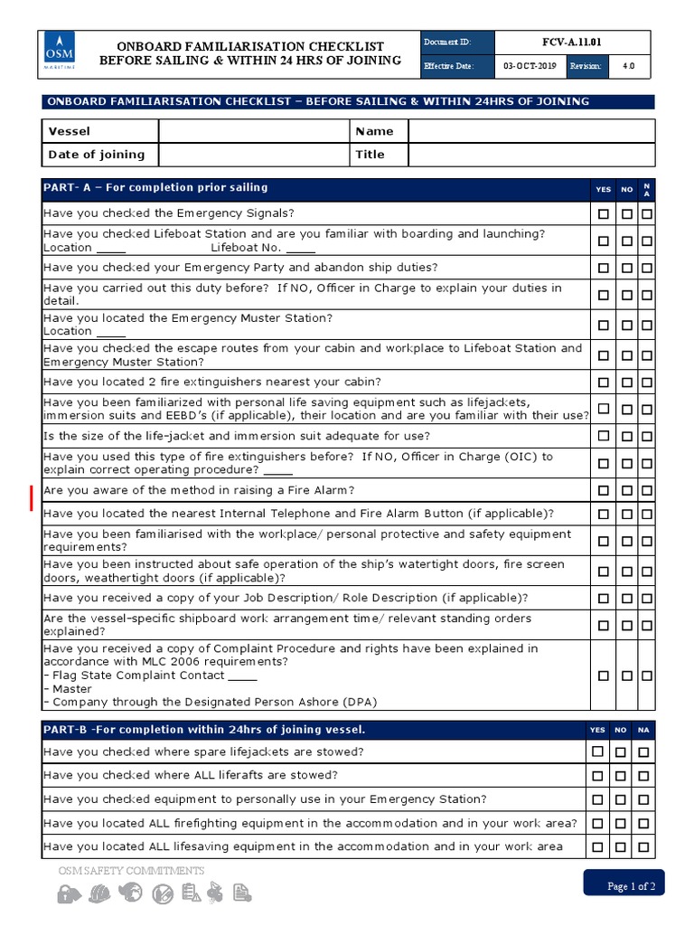 01 Onboard Familiarisation Checklist - Before Sailing and Within 24 ...
