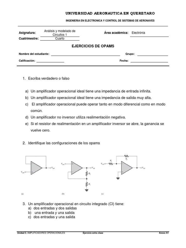 E1 - EJERCICIOS de OPAMS | PDF | Amplificador operacional | Amplificador