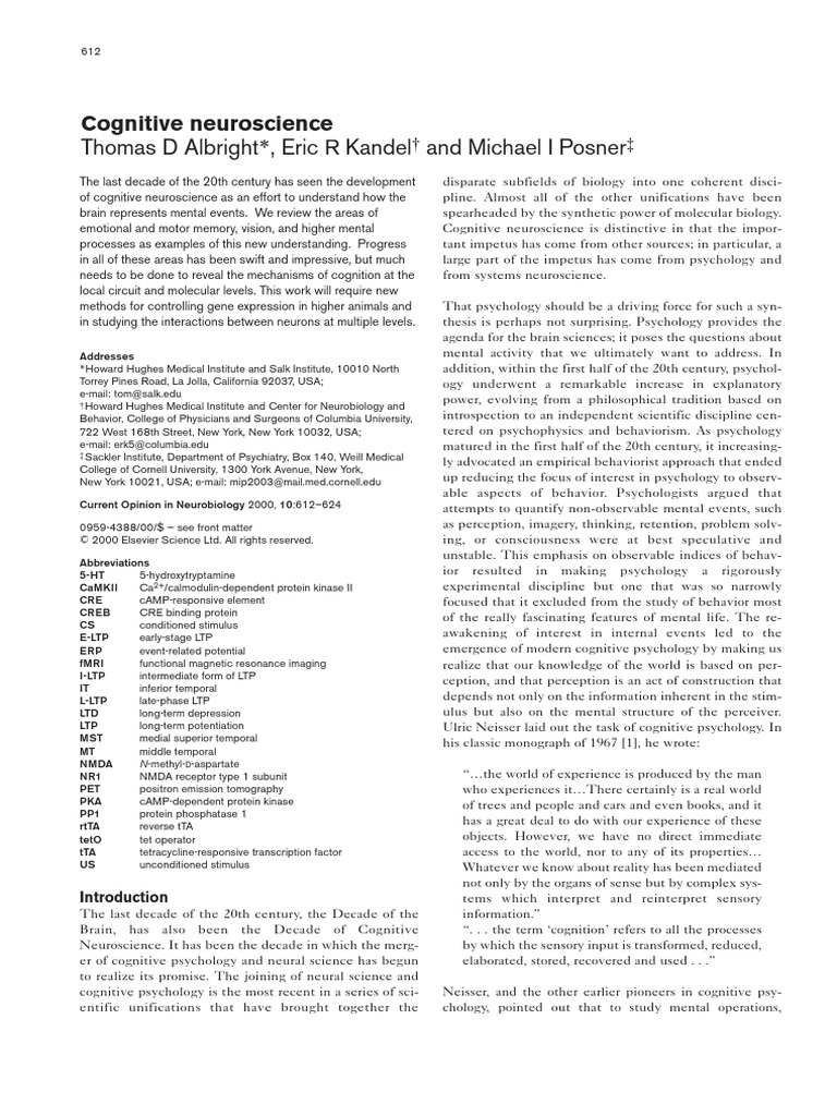 Thomas D Albright, Eric R Kandel and Michael I Posner: Cognitive ...