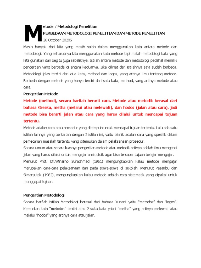 Perbedaan Metodologi Penelitian Dan Metode Penelitian | PDF