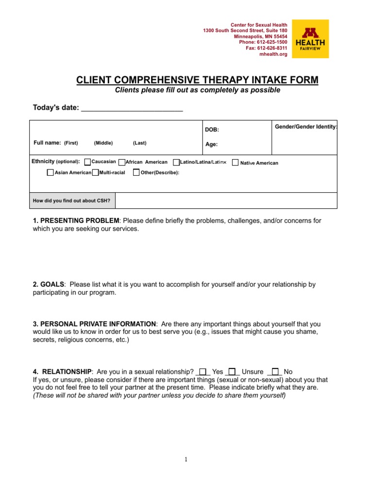 Client Comprehensive Therapy Intake Form: Today's Date | PDF ...