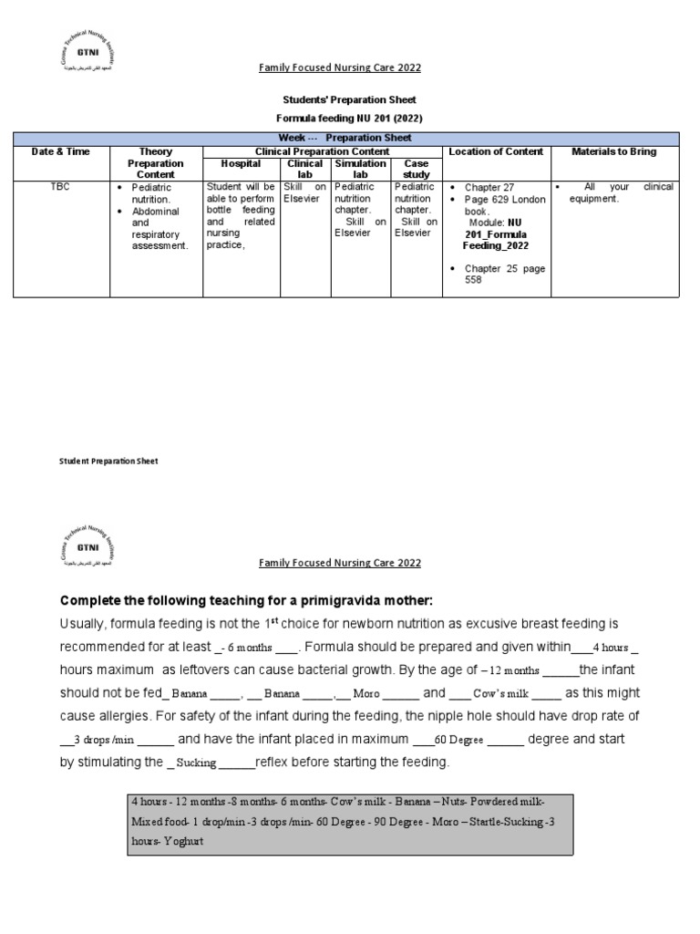 Formula Feeding Peparation Sheet Students | PDF | Breastfeeding ...