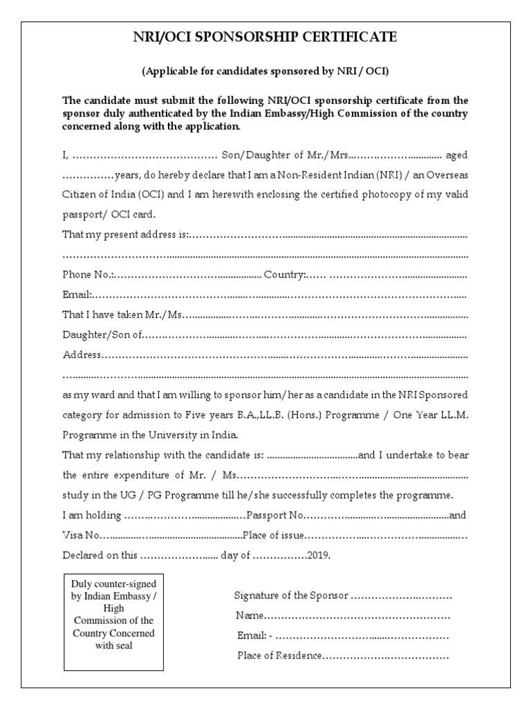 NRI-OCI Sponsorship Certificate | PDF | National Security ...