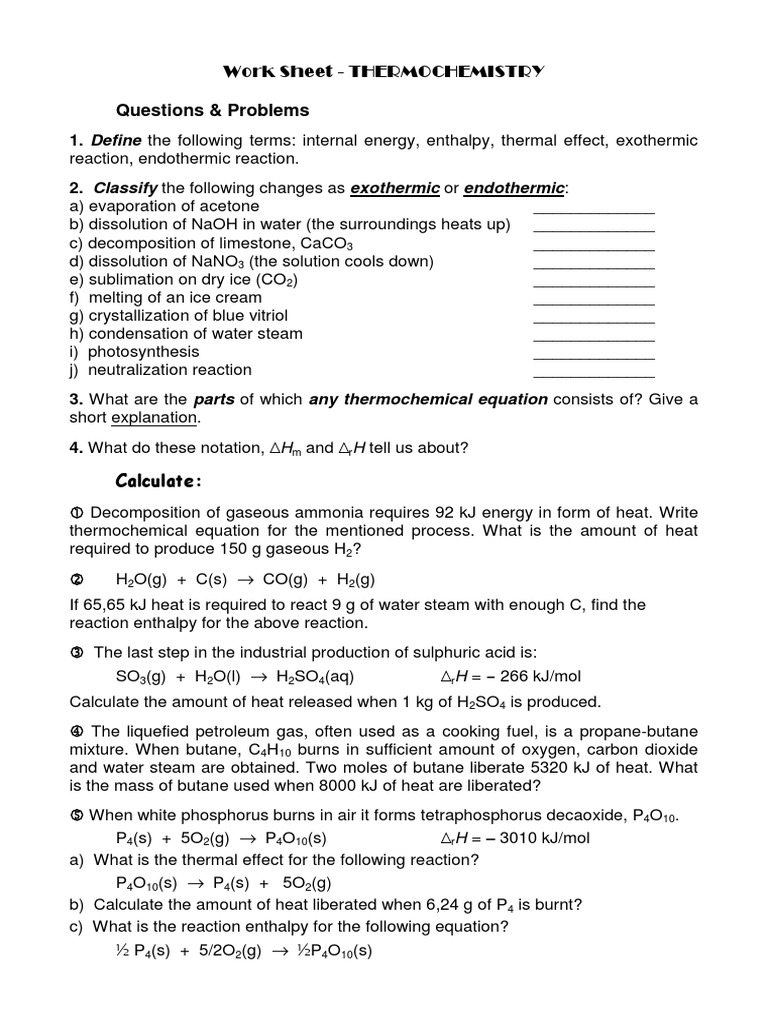 Questions & Problems: Work Sheet - Thermochemistry | PDF | Carbon ...