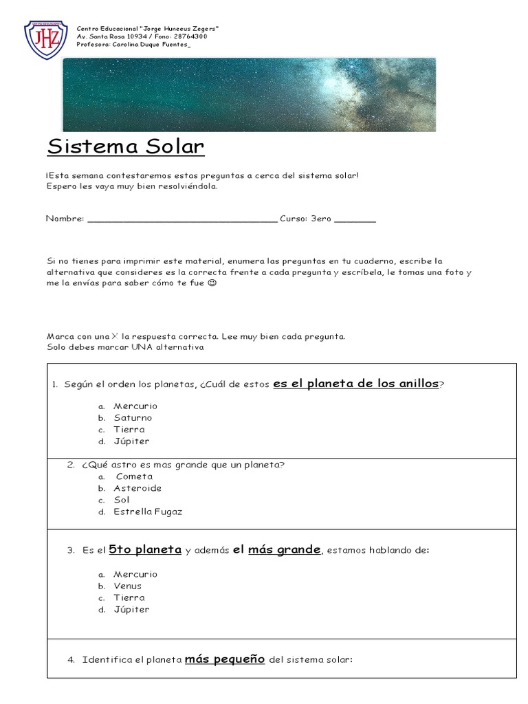 Cuestionario Sistema Solar 1 | PDF | Planetas | Sistema solar