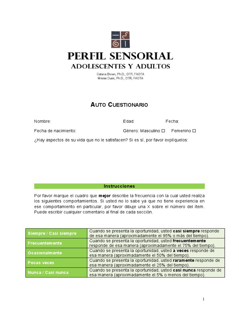Perfil Sensorial Adultos Español | PDF