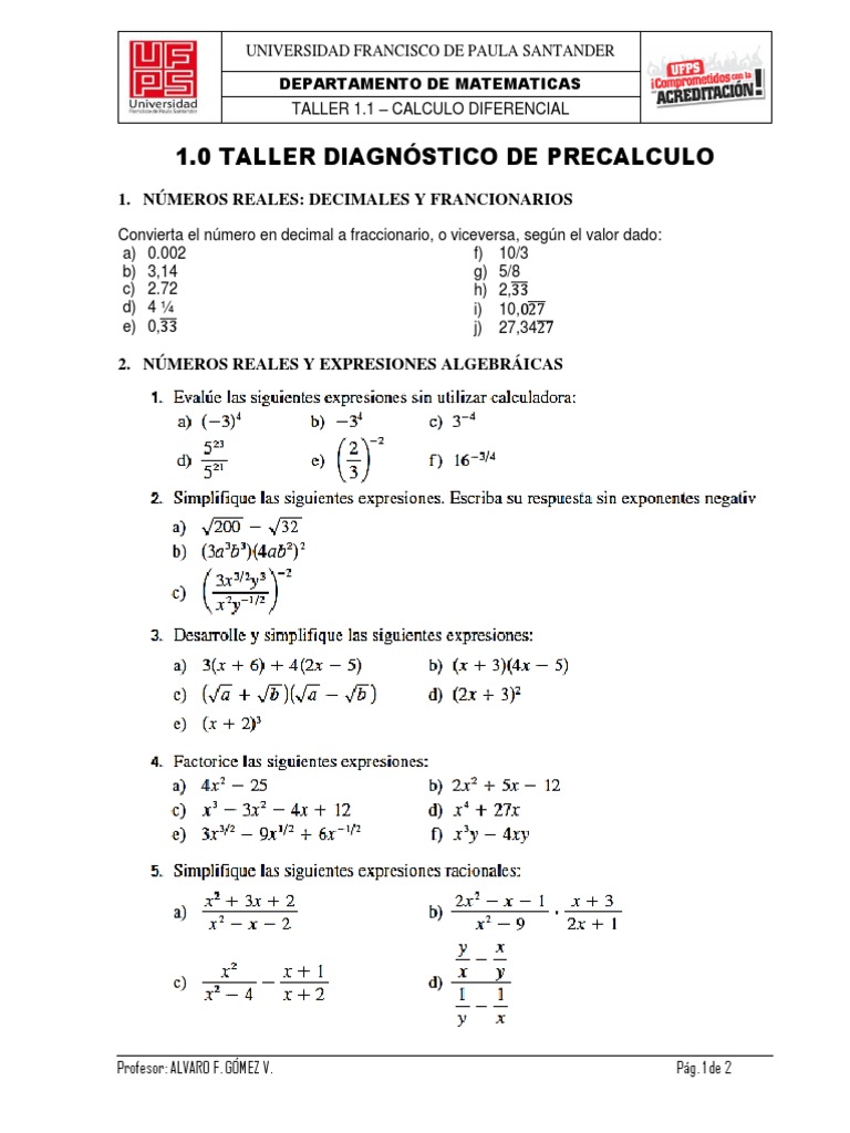 Taller 1.0 Diagnostico Precalculo | PDF