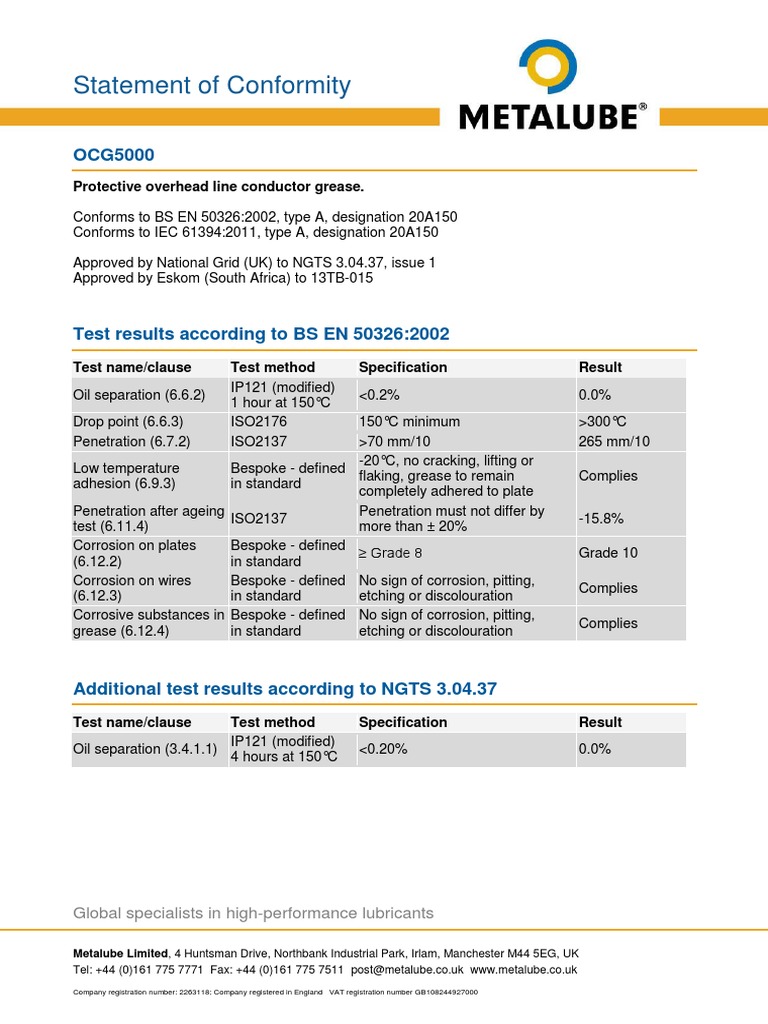 METALUBE OCG5000 Statement of Conformity | PDF | Hydrochloric Acid ...