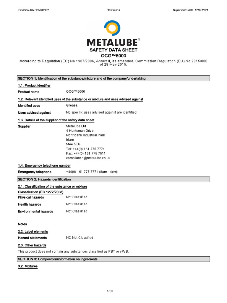 Metalube - Ocg™5000 - Safety Data Sheet | PDF | Dangerous Goods | Toxicity