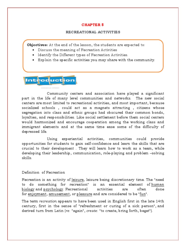 Chapter 8 - Reacreational Activities | PDF | Recreation | Outdoor ...