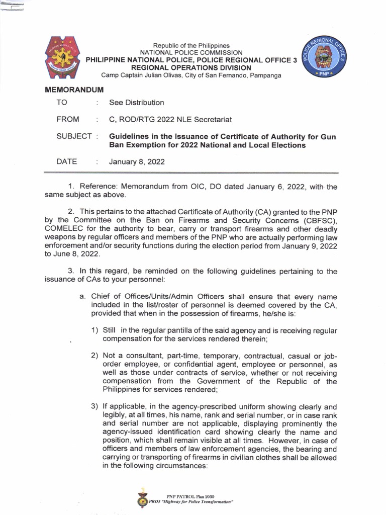 Guidelines in The Issuance of Certificate of Authority For Gun Ban ...