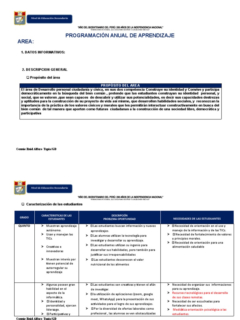 Programación Anual de DPCC 5to Definitivo Final 2021 | PDF | Las emociones | Aprendizaje