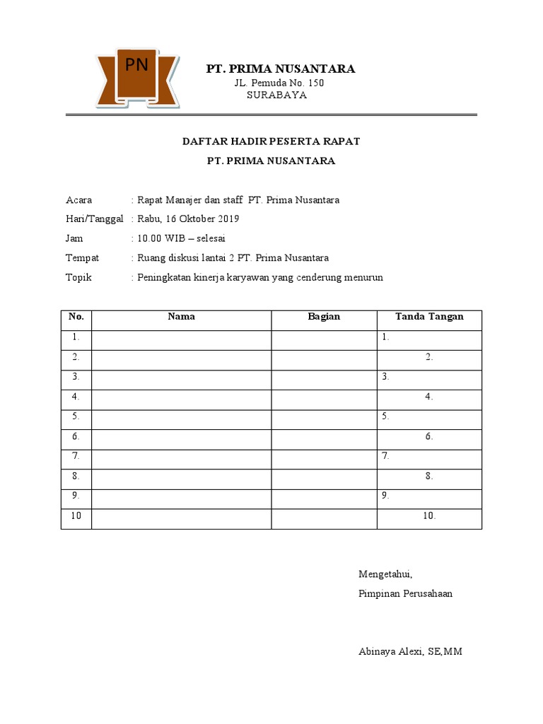 Daftar Hadir Peserta Rapat | PDF