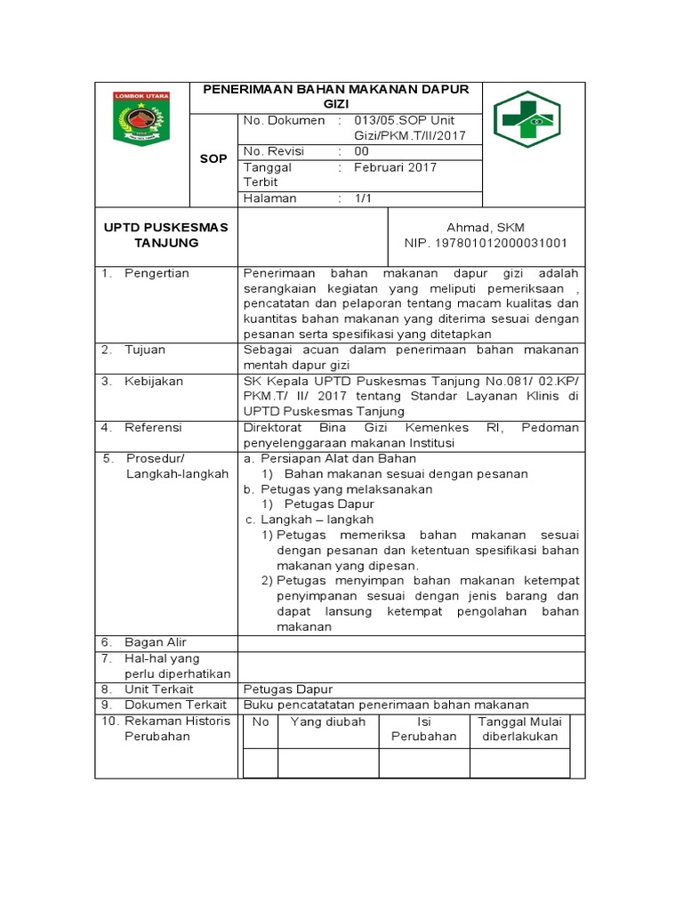 SOP Penerimaan Bahan Makanan Dapur | PDF | Kesehatan Holistik