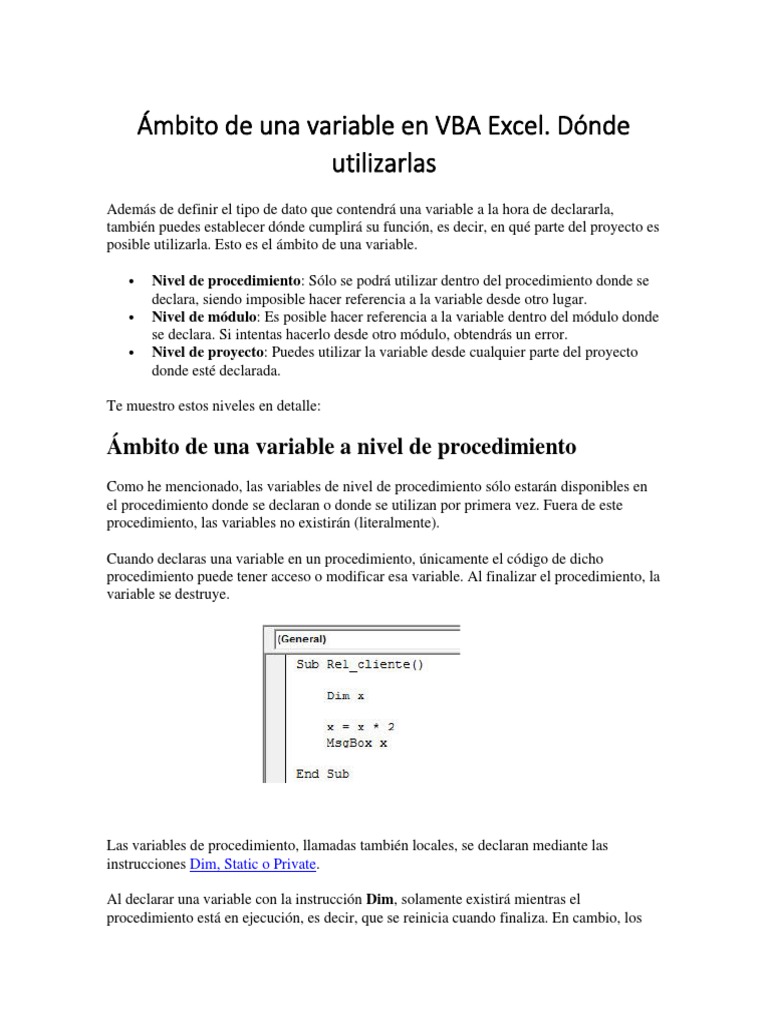 Ámbito de Variables en VBA Excel | PDF | Variable (informática) | Básico