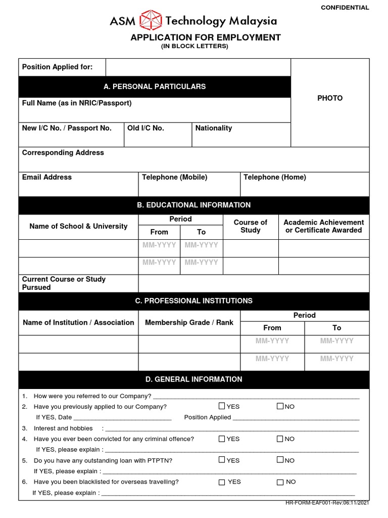 HR 001 Application For Employment - Rev 5 | PDF | Employment