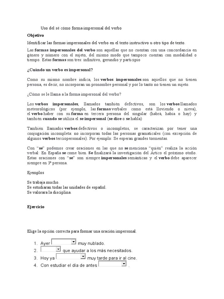 Uso Del Sé Cómo Forma Impersonal Del Verbo | PDF | Verbo | Unidades ...
