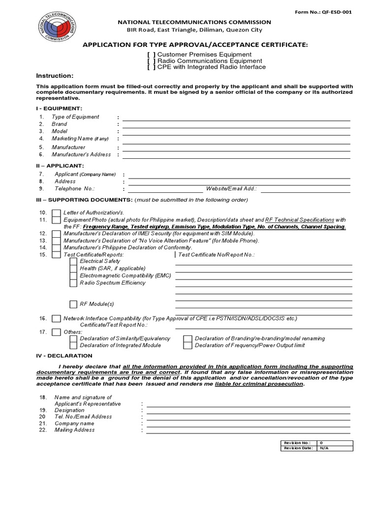 Application For Type Approval/Acceptance Certificate:: BIR Road, East ...