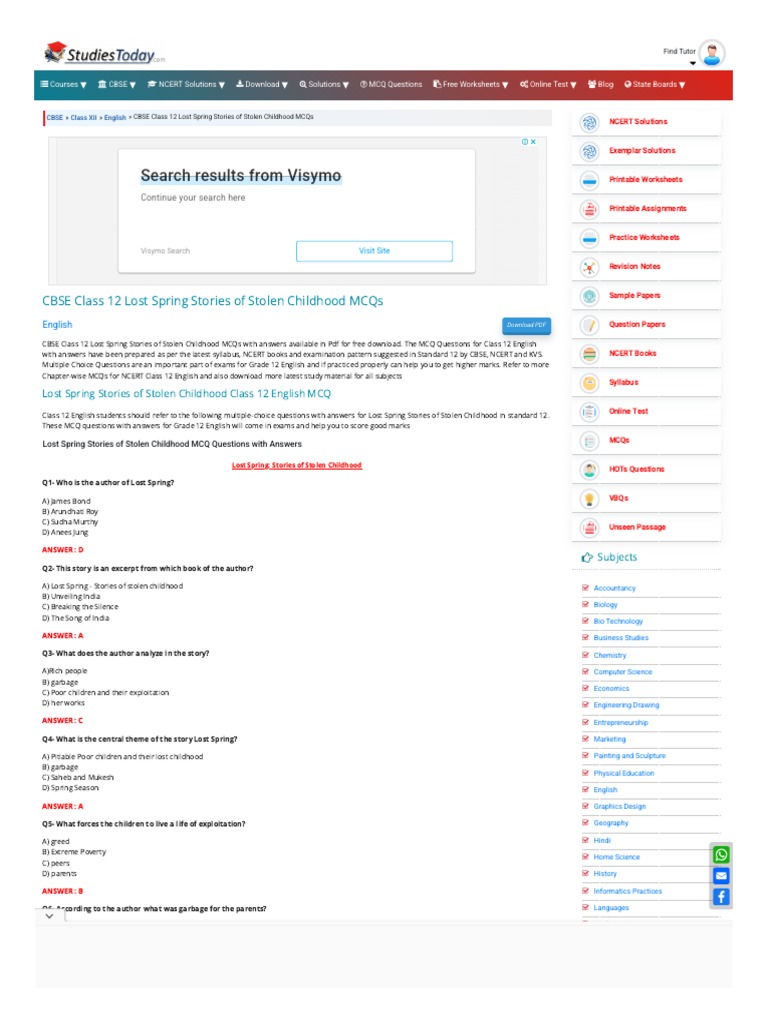 Search Results From Visymo: Cbse Class 12 Lost Spring Stories of Stolen Childhood Mcqs | PDF ...