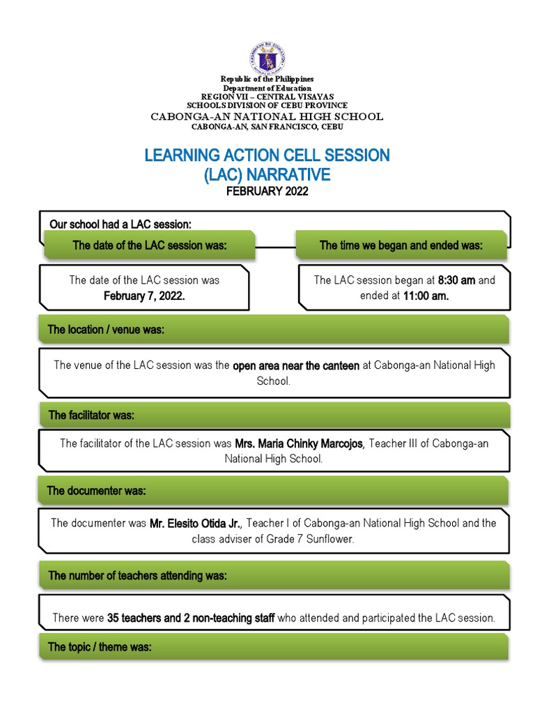 Learning Action Cell Session (Lac) Narrative: Cabonga-An National High ...