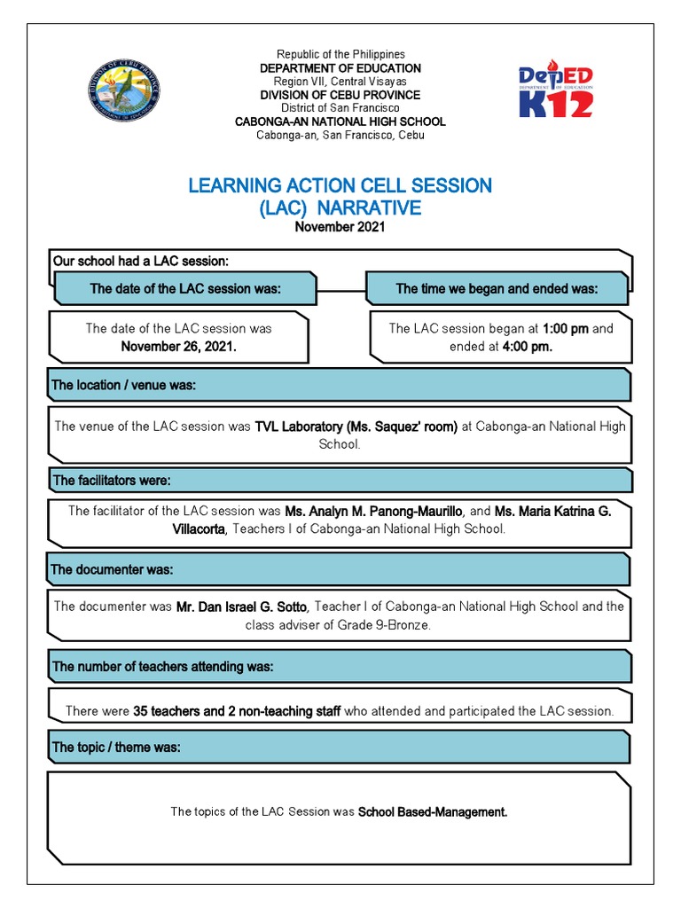 Learning Action Cell Session (Lac) Narrative | PDF | Teachers | Governance