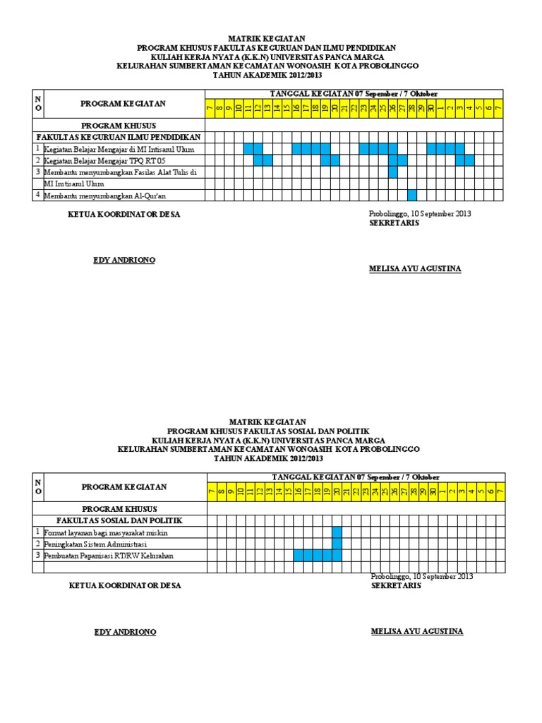 MATRIKS Kegiatan KKN | PDF