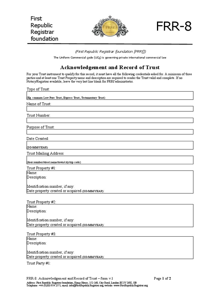 FRR-8 Acknowledgement and Record of Trust - Form v.1 | PDF | Trust Law ...