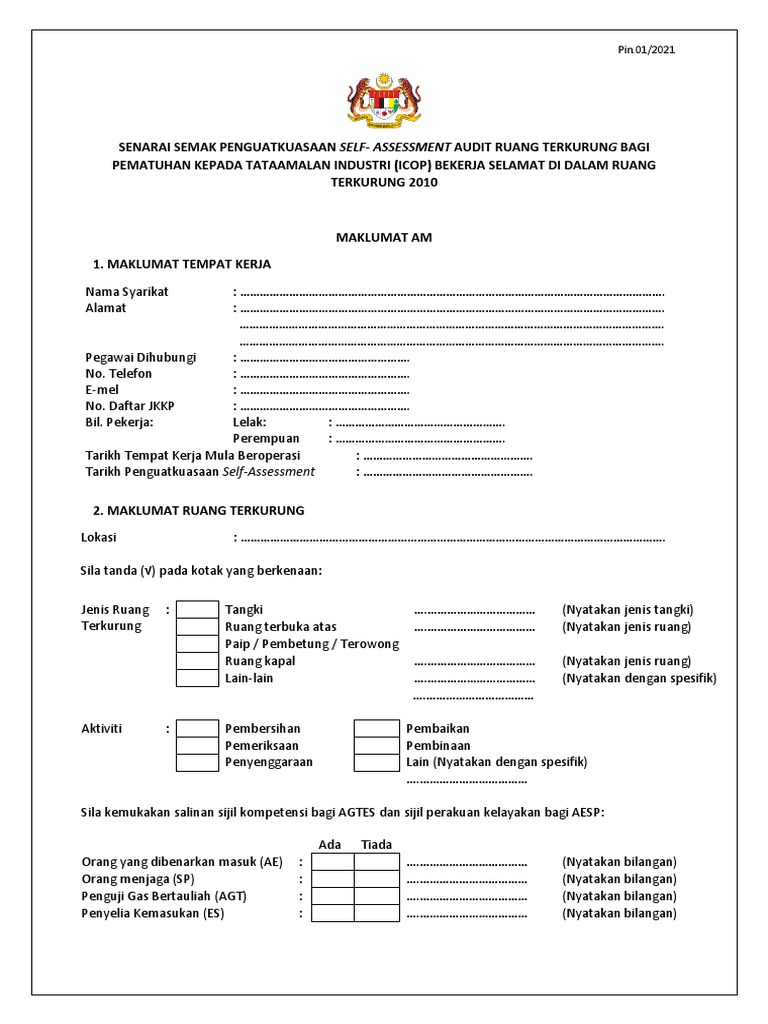 Self Assessment ICOP Confined Space Checklist For Workplace-2021 | PDF