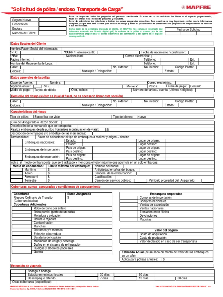Solicitud Transporte de Carga | PDF | Póliza de seguros | Seguro