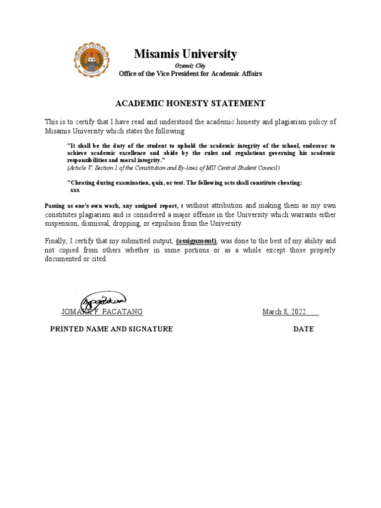 Academic Honesty Statement | PDF