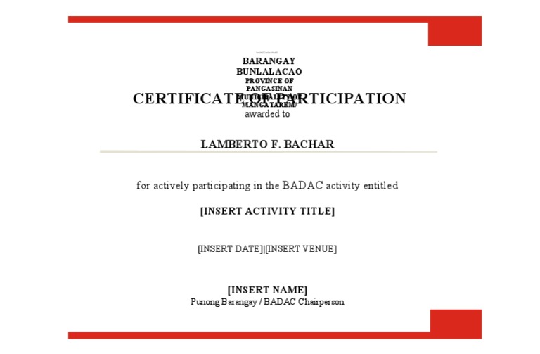 BADAC TEMPLATE - Certificate of Participation | PDF