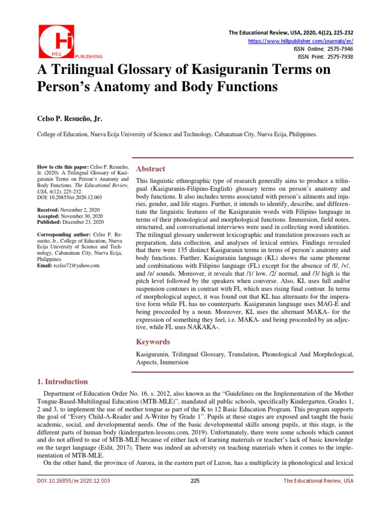 A Trilingual Glossary of Kasiguranin Terms On Persons Anatomy and Body ...