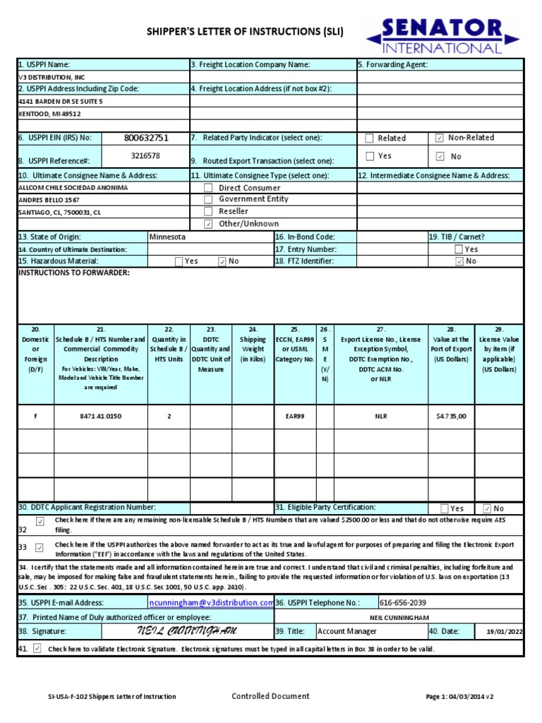 Shipper'S Letter of Instructions (Sli) : Related Non-Related Yes No ...