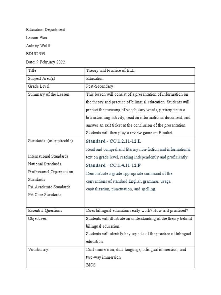 Ell Lesson Plan | PDF