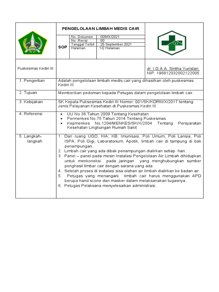 Sop Pengelolaan Limbah Medis Cair | PDF