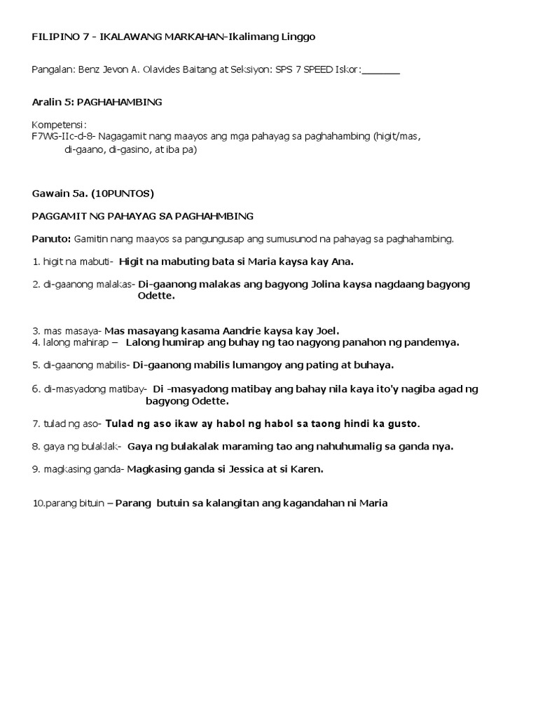 FILIPINO 7 Q2 W5 Activity Sheet 2 | PDF