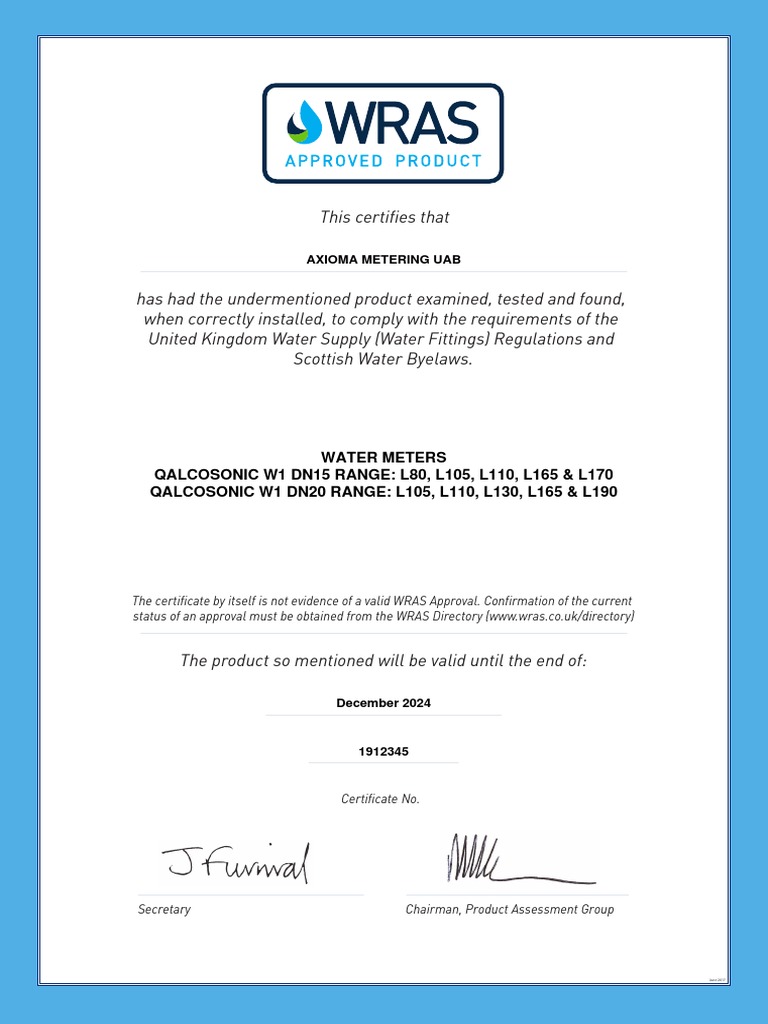 WRAS - Approval Certificate | PDF