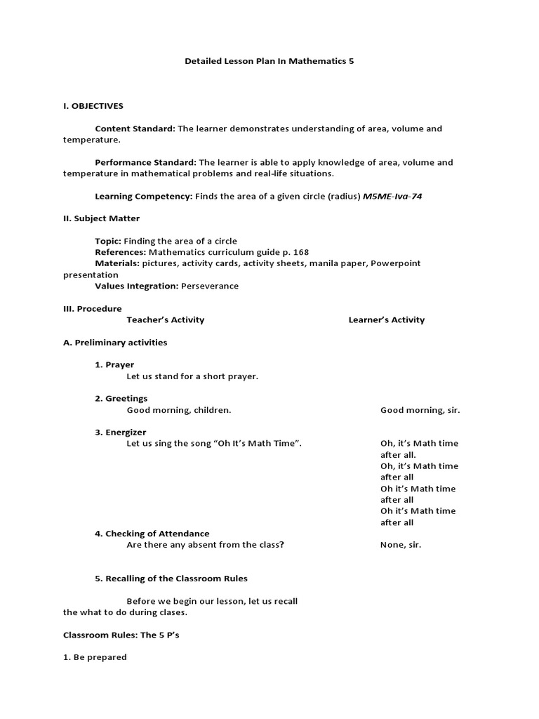 Detailed Lesson Plan in Mathematics 5 | PDF | Area | Mathematics