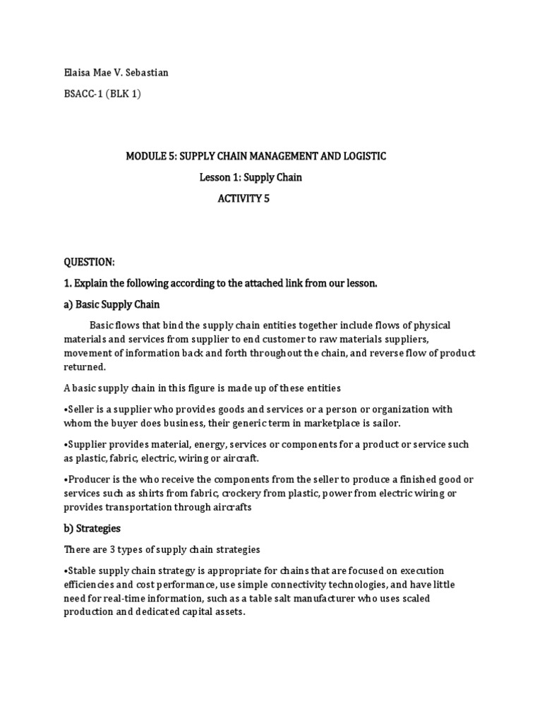 Lesson 1 Supply Chain, Activity 5 | PDF | Supply Chain | Supply Chain ...